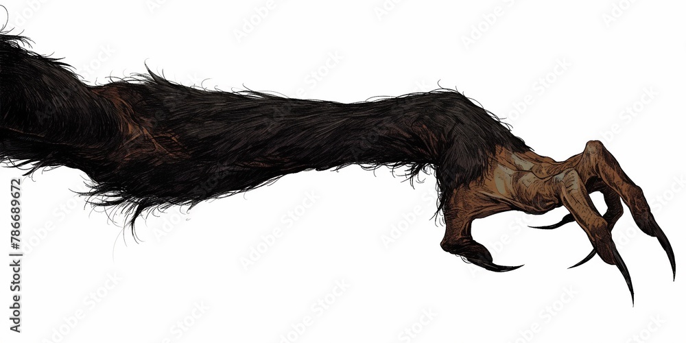 Creepy hairy monster claw isolated on white background, to catch, to ...