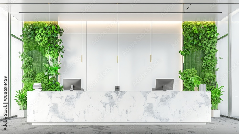 Front view of a white marble reception desk with two laptops standing ...
