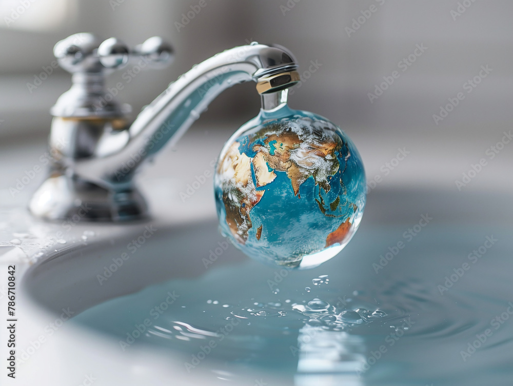 Earth-like droplet from faucet, a drop of Earth-shaped water hanging ...
