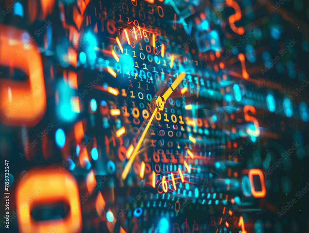 Simplistic image of a digital clock with numbers morphing into binary code, representing AI in ...
