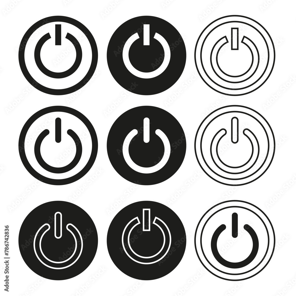 Collection of power buttons. On-off interface symbols. Various circle ...