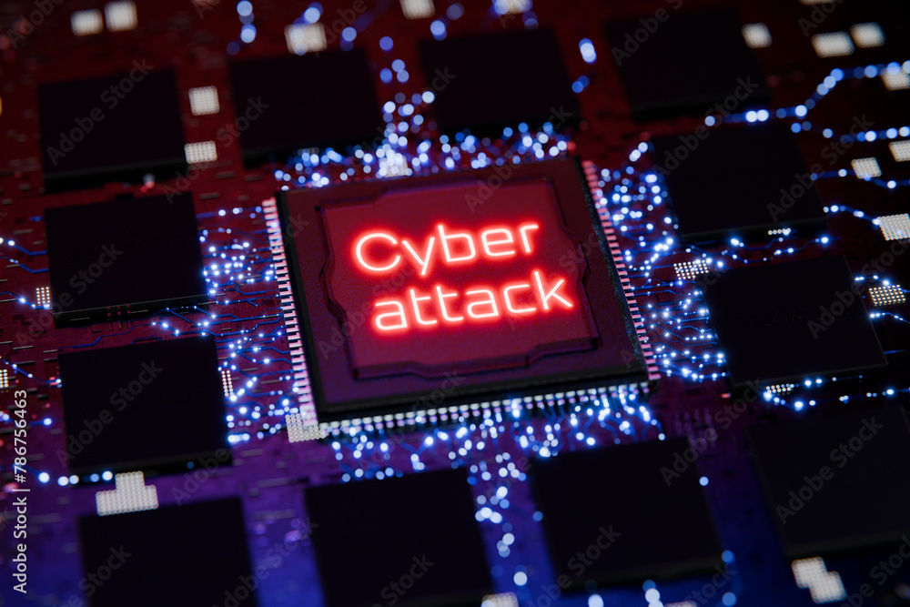 Cyberattack on a chip. Hacking the program. Cyber attack warning sign on virtual digital screen ...