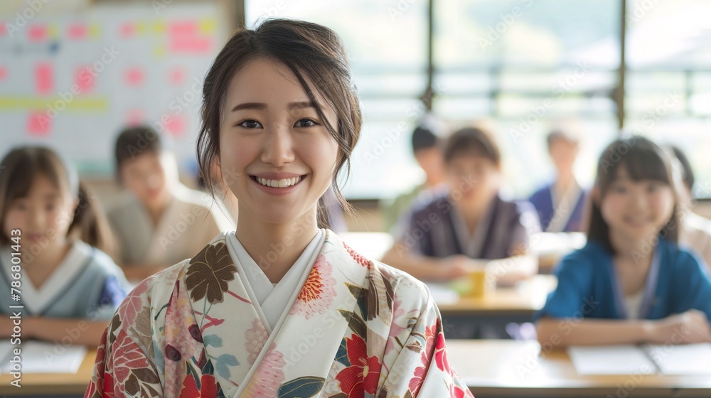 Japanese female teacher smiling at the camera, wearing a traditional ...