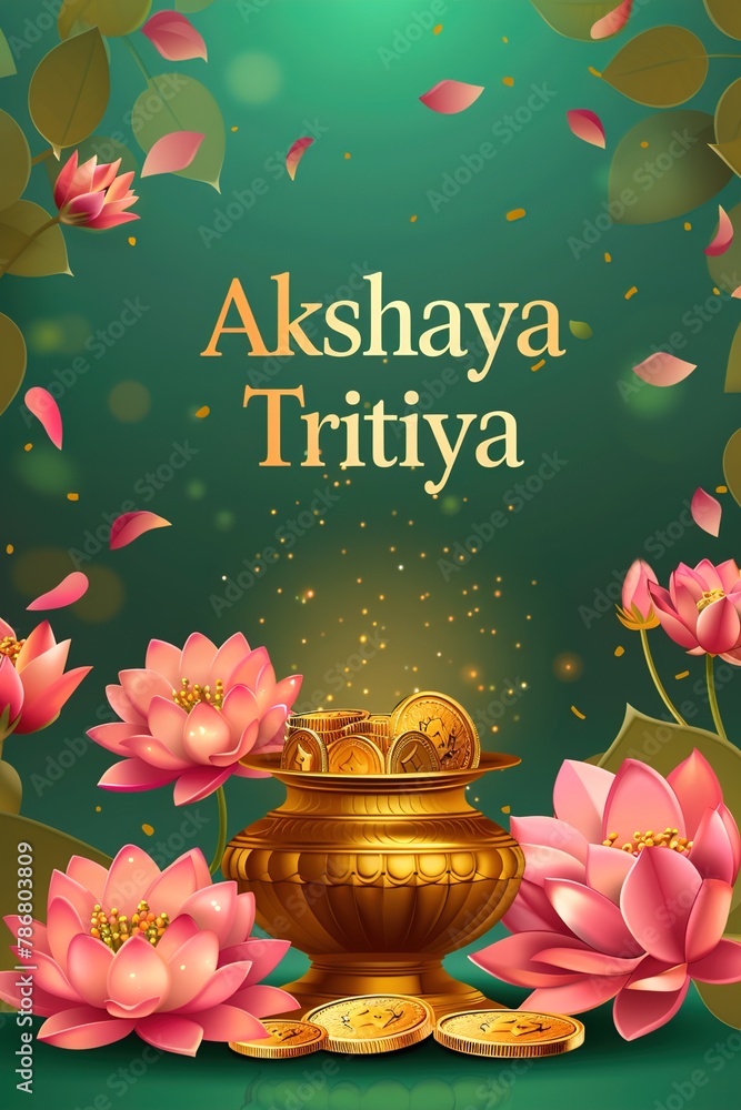 illustration of Akshaya Tritiya celebration with a golden kalash, gold ...