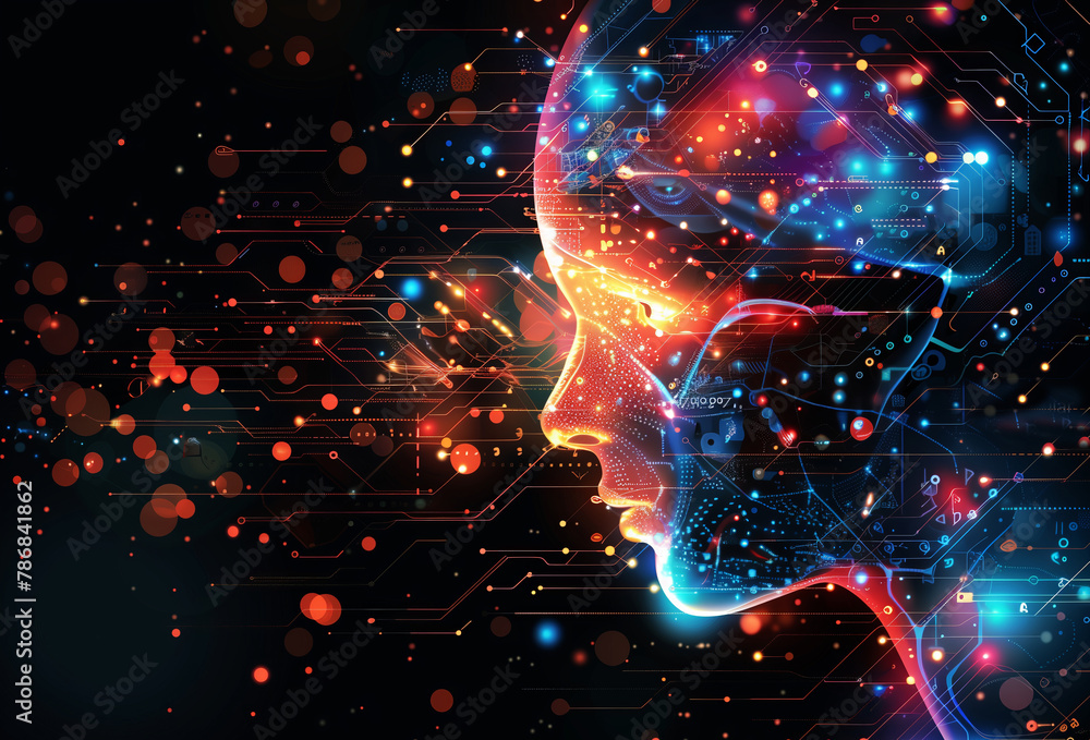 Abstract digital human profile with circuit board patterns and glowing data streams, symbolizing ...
