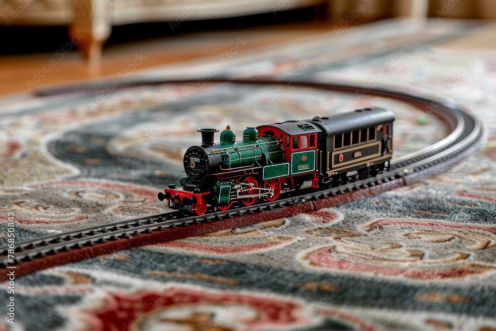 Vintage style red and green toy steam locomotive on circular track for ...