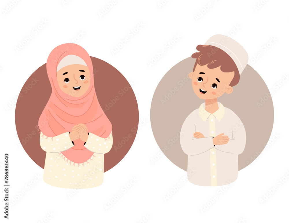 Cute Islamic children. Happy Muslim boy and girl in hijab. Isolated ...