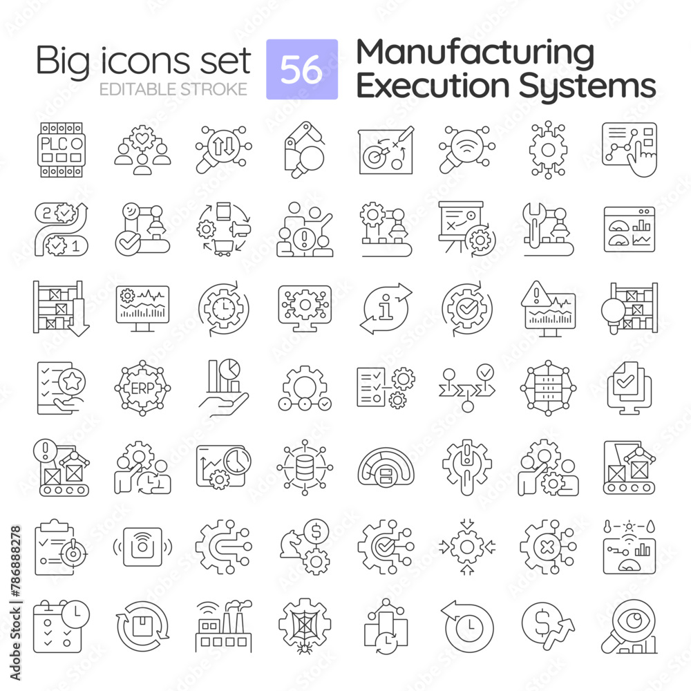 Manufacturing execution systems linear icons set. Smart factory ...