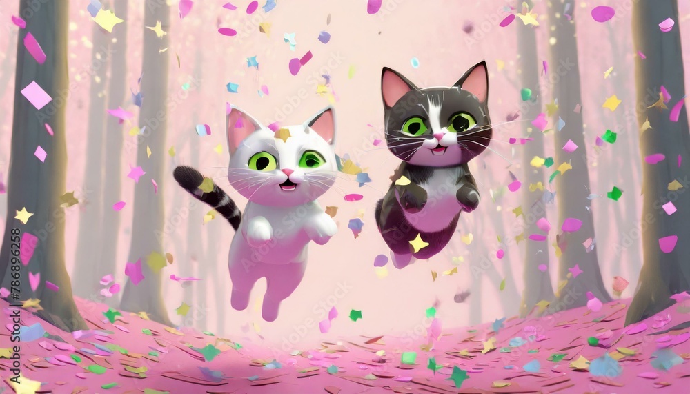 Happy cute cats flying through the forest with confetti falling, soft ...