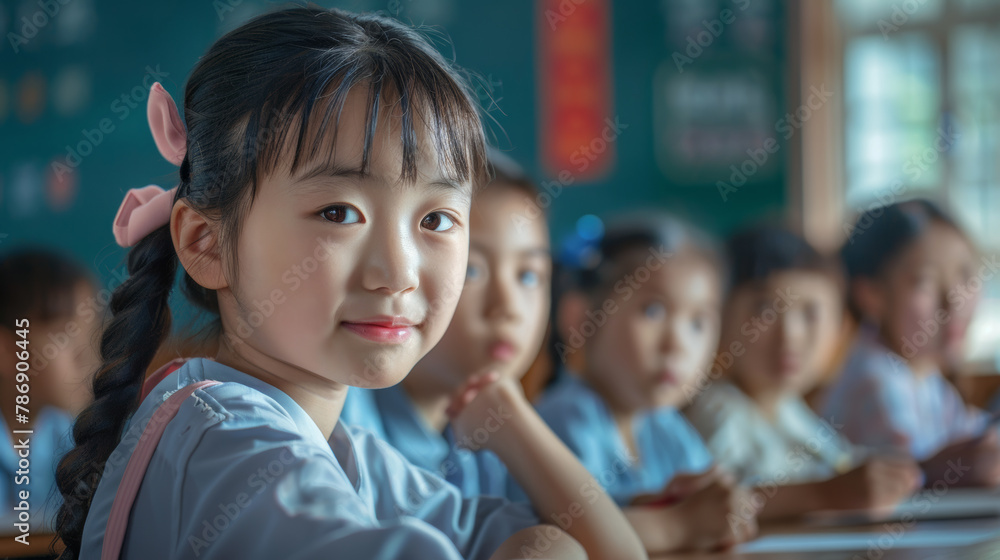 Happy young asian children are attending seriously a lesson in a ...