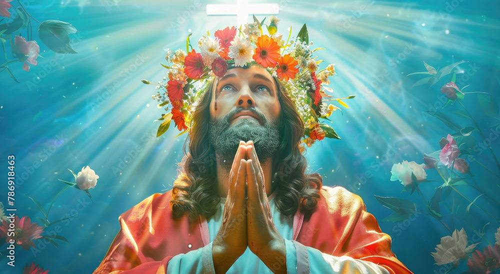 Jesus with blue robes and crown of flowers on his head, holding up one ...