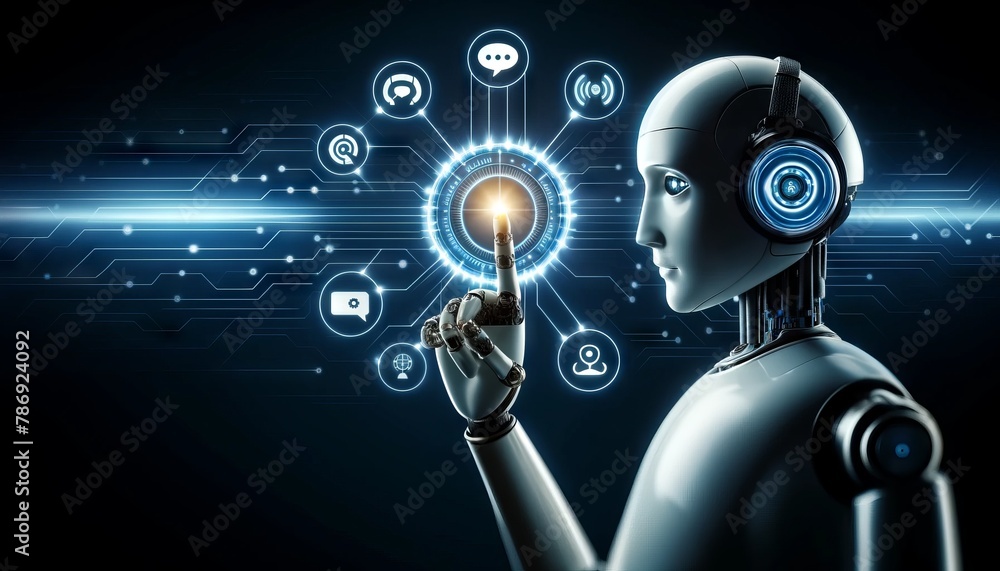 A humanoid robot's hand touching a glowing digital interface with ...