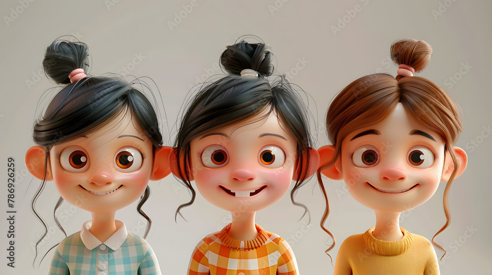Happy smiling three cartoon character girl kid child children person ...