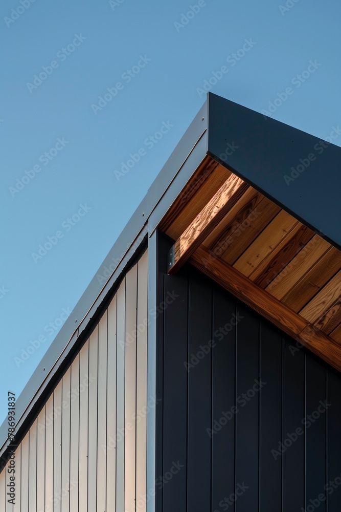 close up detail of dark grey alucobond cladding on the roof, wood slats ...