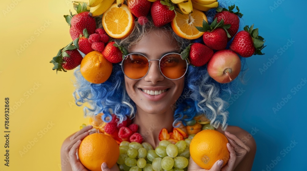 Girl dressed in a fresh fruit costume. Photo of happy woman wearing a ...
