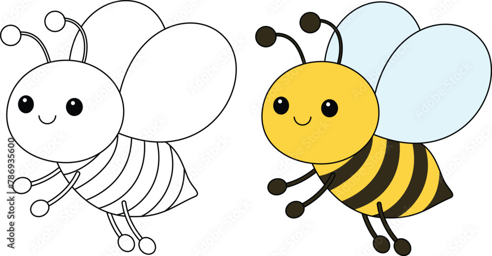 Cute kawaii cartoon character bee coloring page, vector printable ...