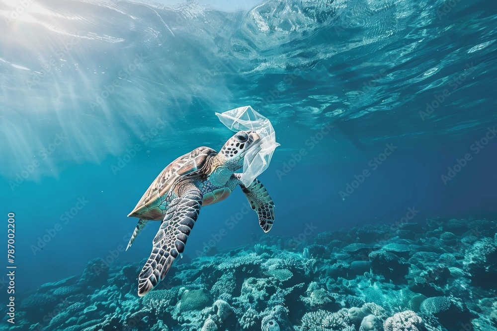 Sea turtle with a plastic bag in its mouth underwater, a poignant scene ...