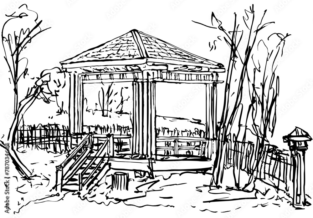 Wooden gazebo on a slope in a Chinese park against a background of ...