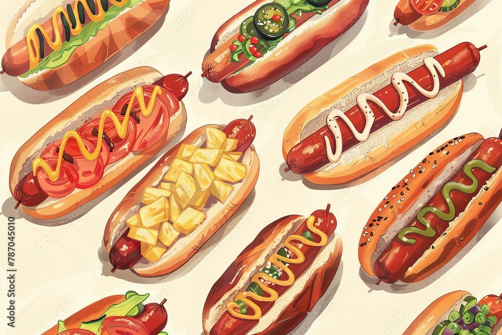 A variety of gourmet hot dogs covered in delicious toppings, creating a ...