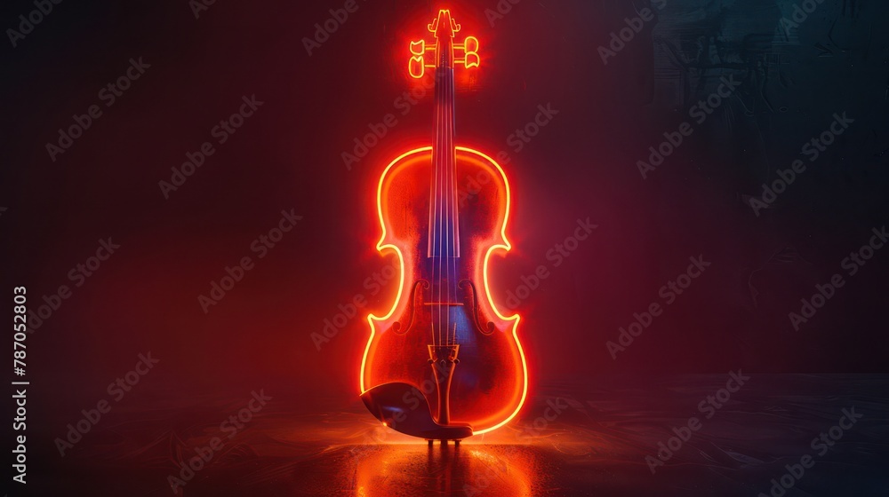 classic violin with a bright neon glow outlining its shape, set against a dark moody background ...