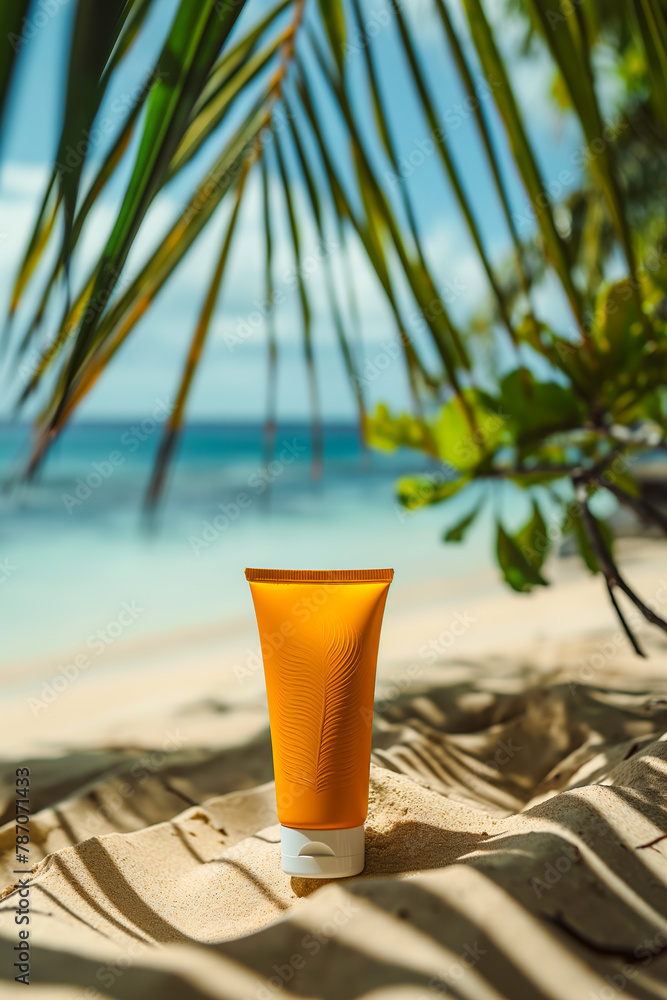 Tube of sunscreen for skin protection on tropical beach with fine sand ...