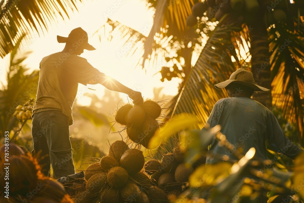 Farmers harvesting ripe coconuts from trees against the backdrop of a ...