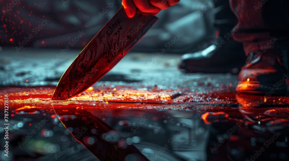 In the blade is a reflection of the victim's face with a hand holding a ...