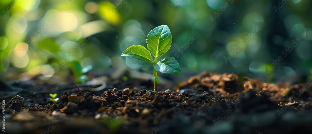 Tiny green sprout pushing through rich earth, symbolic of new ...