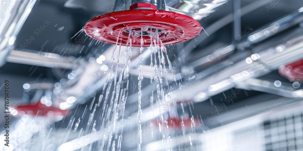 Indoor fire suppression system. Smoke detector and water sprayer in the ...