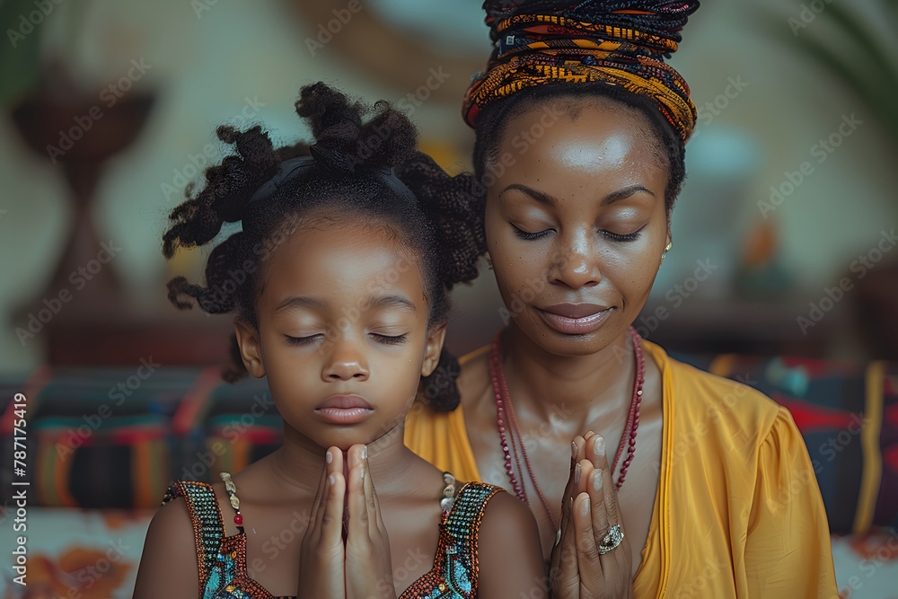 Woman and young girl praying together. Spirituality and family bonding ...