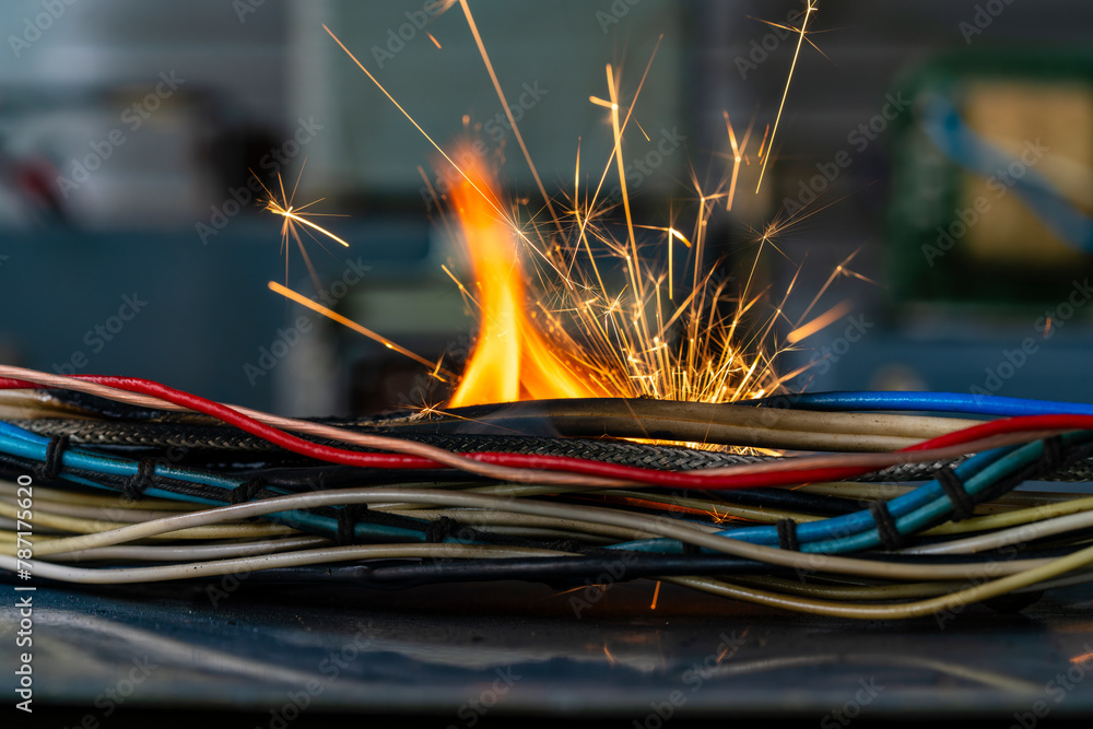 Flames, sparks, smoke between electrical cables, closeup. Short circuit ...
