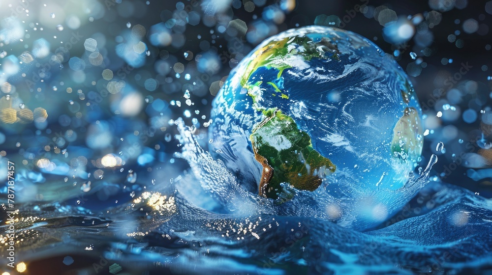 A futuristic 3D model of Earth with water sources highlighted ...