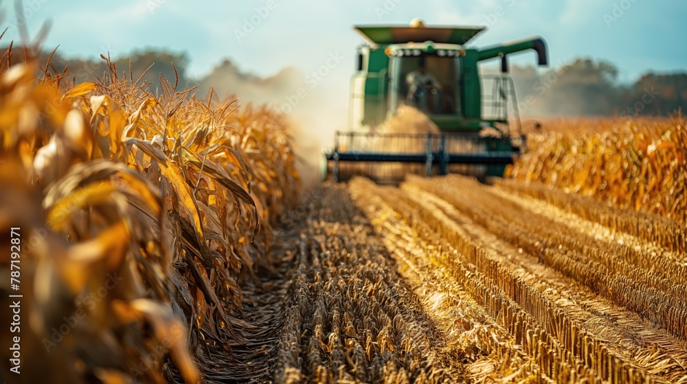 Harvester combine gathering ripe corn in the field agricultural farm ...