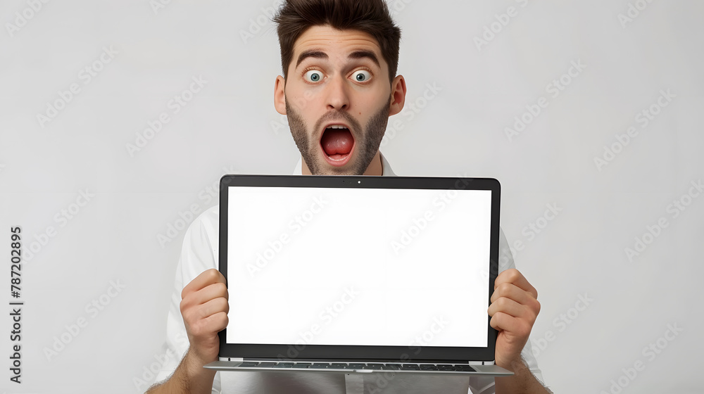 Photo Stock Amazed excited caucasian young man peeking out from behind ...