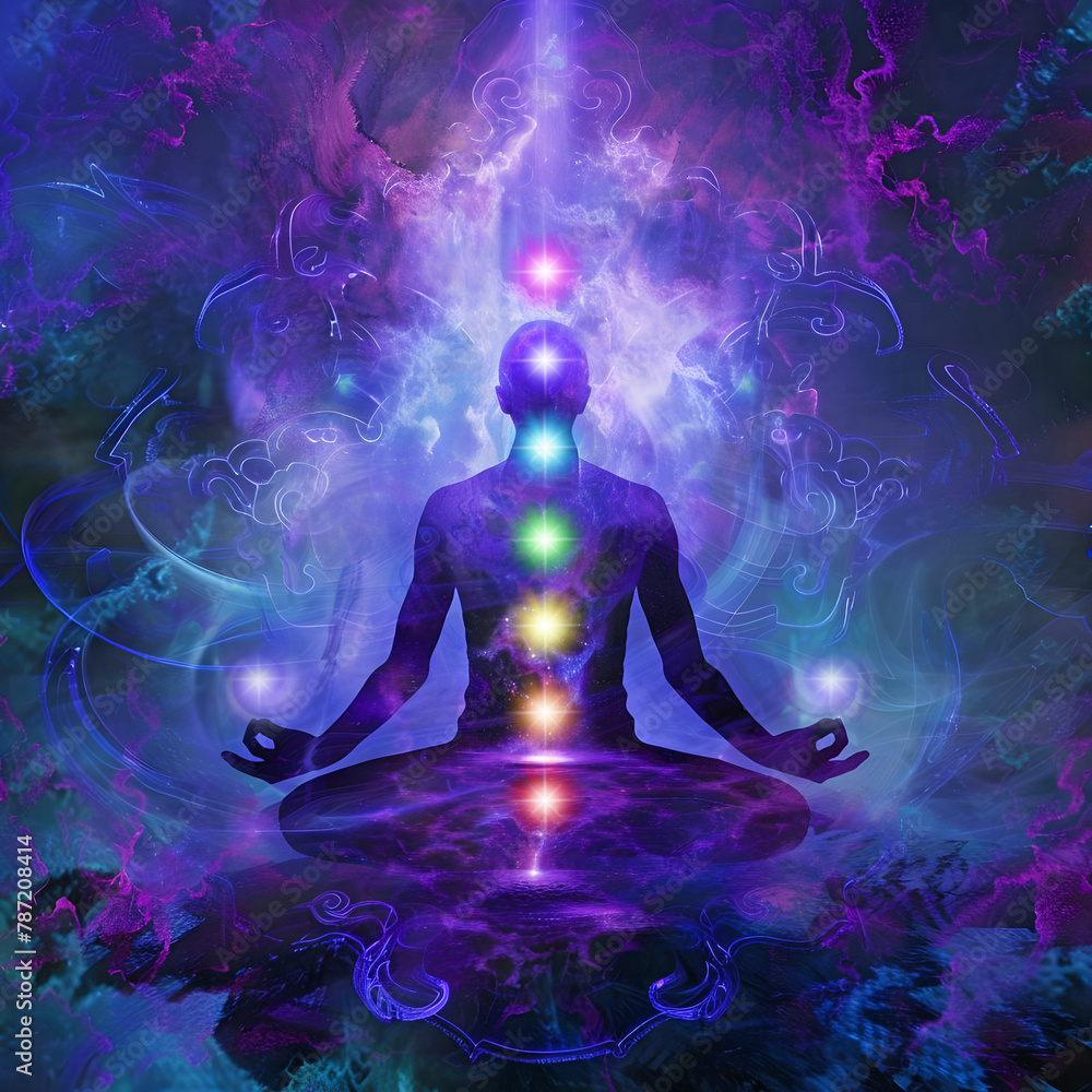 Seven chakras meditation spiritual wall art - illustration of male ...