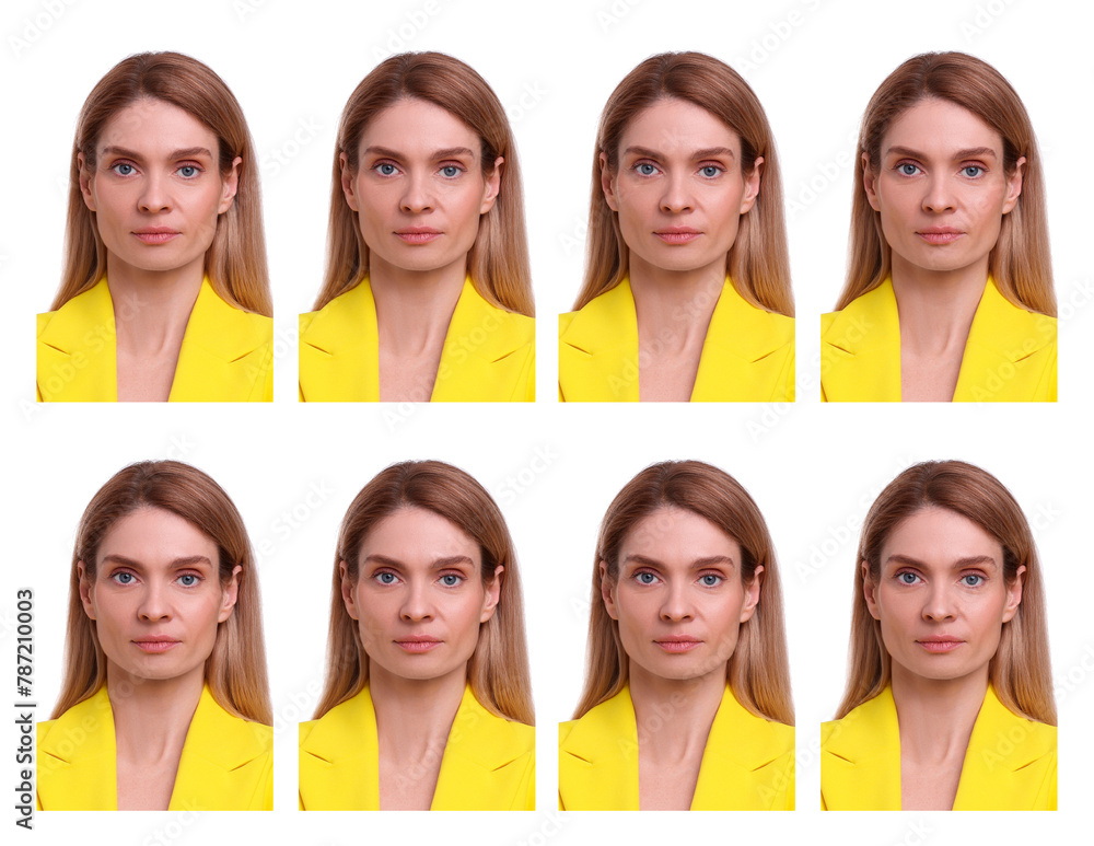 Passport photo, collage. Woman on white background, set of photos Stock ...