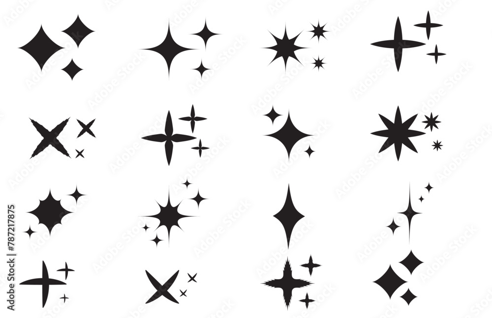 Retro futuristic sparkle icons collection. Set of star shapes. Abstract cool shine effect sign ...