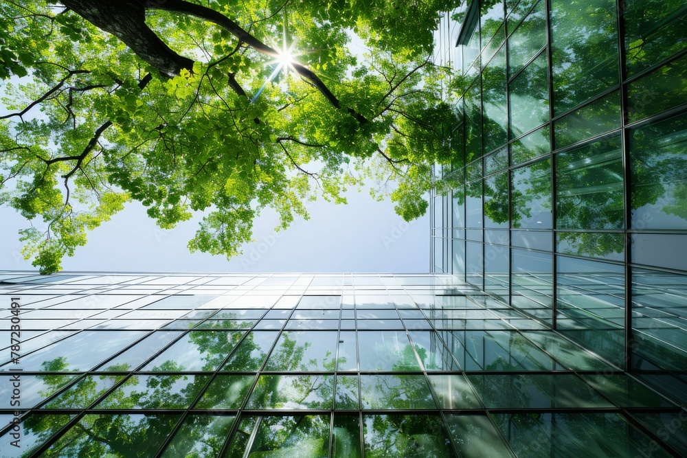 Modern building with forest reflected in windows and facade ...