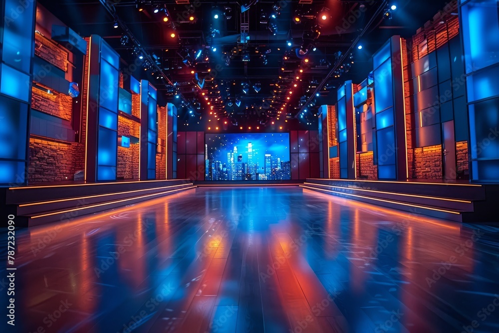 An empty television studio is lit by large illuminated panels and ...