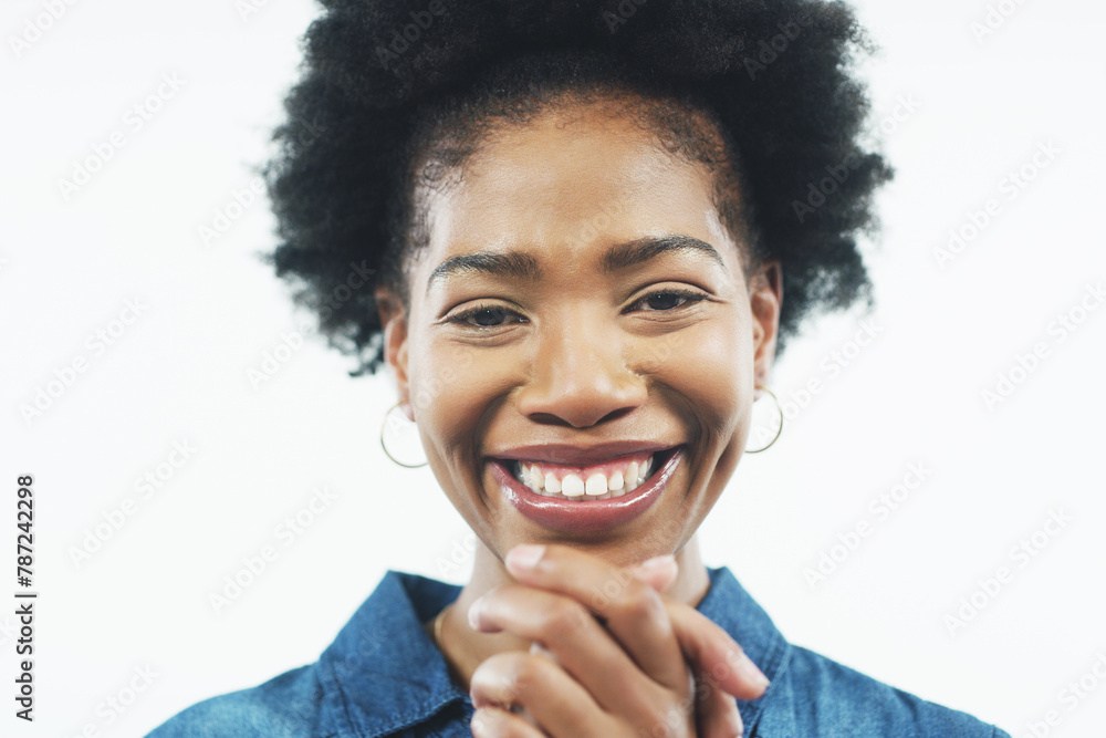 Black woman, portrait and in studio with clapping hands for happiness ...