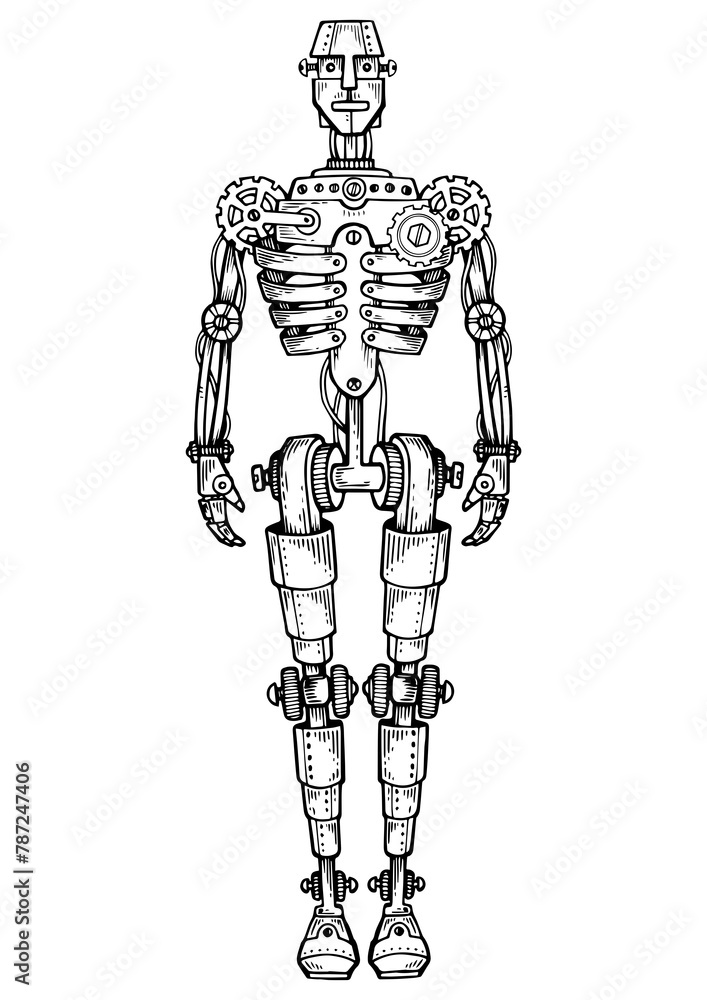 Mechanical human sceleton robot engraving PNG illustration. Scratch ...