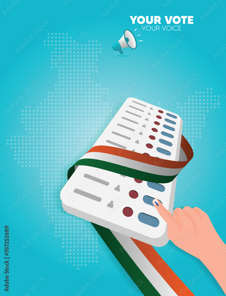 your vote your voice hand with blue mark on Evm Machine on dotted map ...