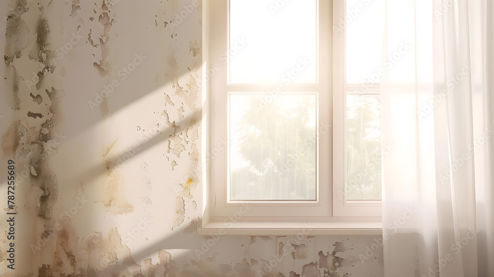 Wall and window with mold banner with copy space defeat mold and ...