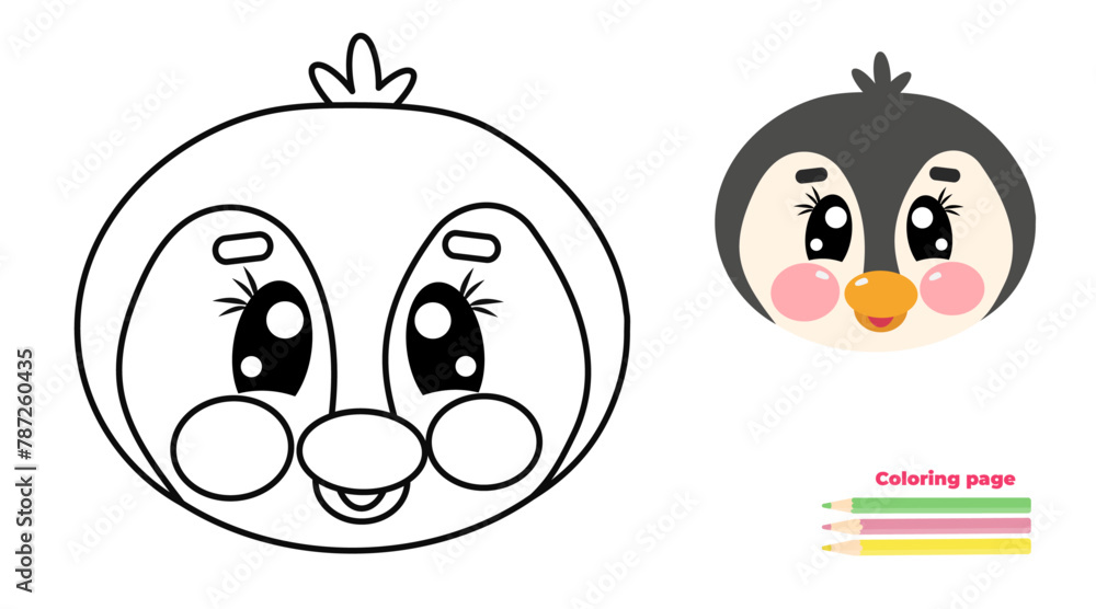 Cute outline penguin face, head. Coloring page illustration for kids ...