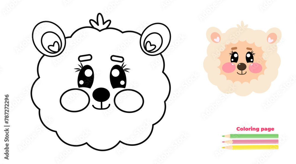 Cute outline kawaii sheep, alpaca, lamb, ewe of face, head. Coloring ...