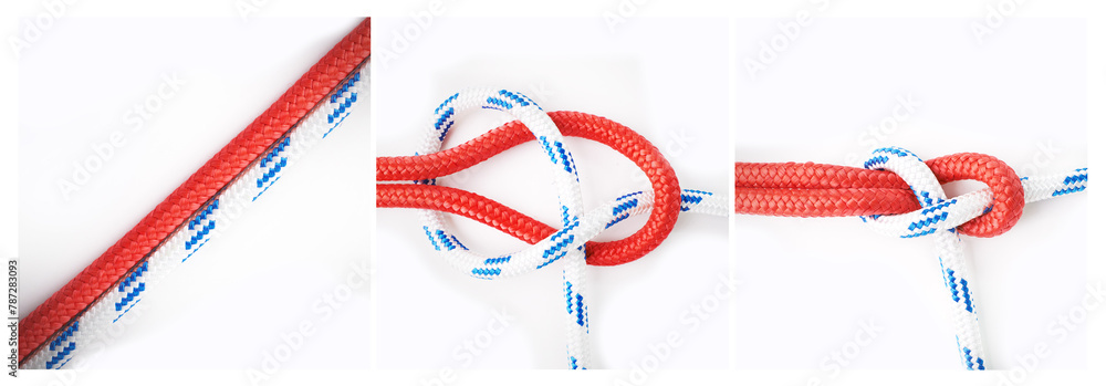 Knot, learn or how to tie ropes and material on white background in studio for security ...