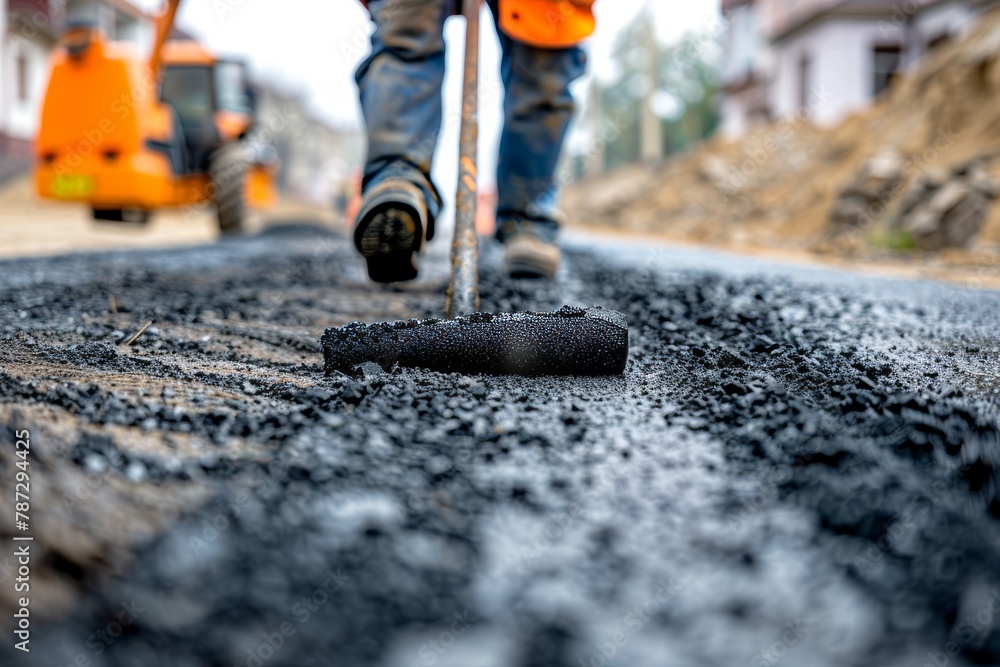 Residential area road construction with new asphalt pavement and ...