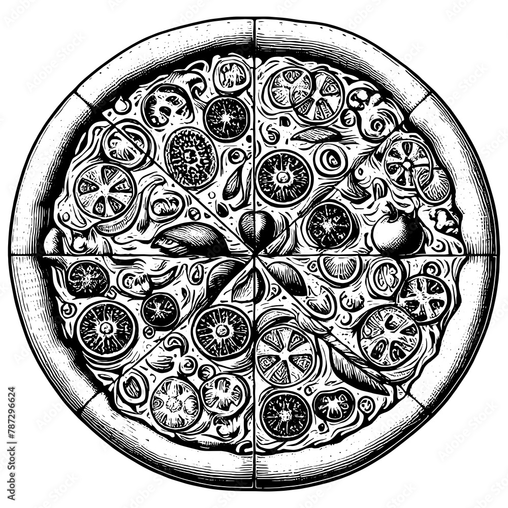 pizza with a variety of toppings, cut into slices sketch engraving ...