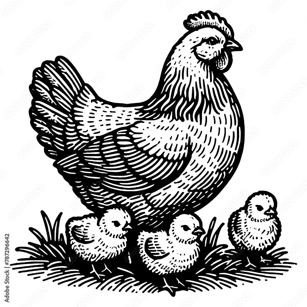 mother hen with her chicks among grass and grains sketch engraving ...
