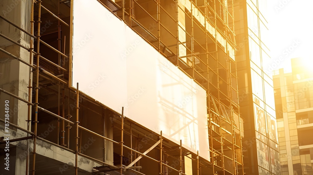 Blank white banner for advertisement hanging on the scaffolding of ...